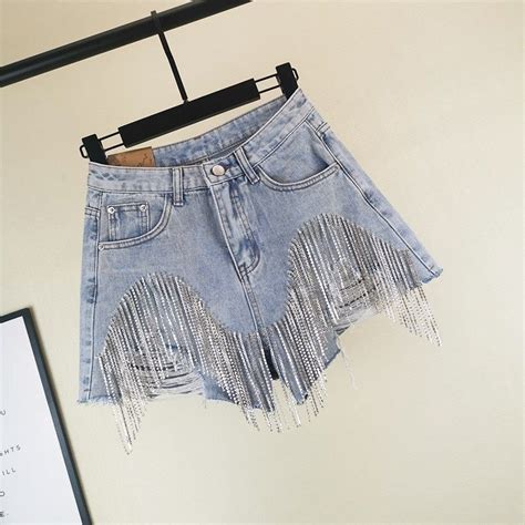 2019 Summer Heavy Rhinestone Fringed Hole Denim Shorts Female High