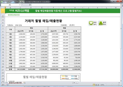 월별 매입매출현황 자동계산 프로그램 월별차트 비즈폼 샘플 양식 다운로드