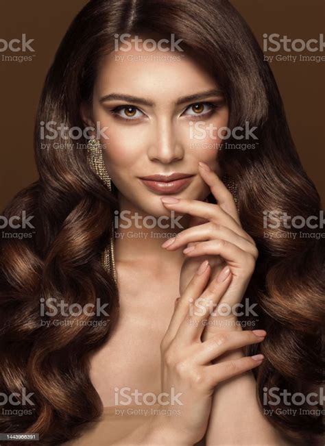 Beautiful Brunette Woman With Long Curly Hair Beauty Model Girl