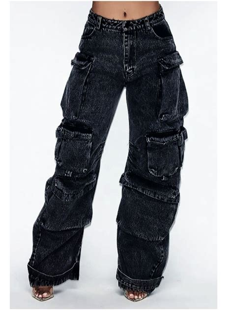 Solid Color Multi Pocket Loose Jeans Womens High Street Retro Hip Hop