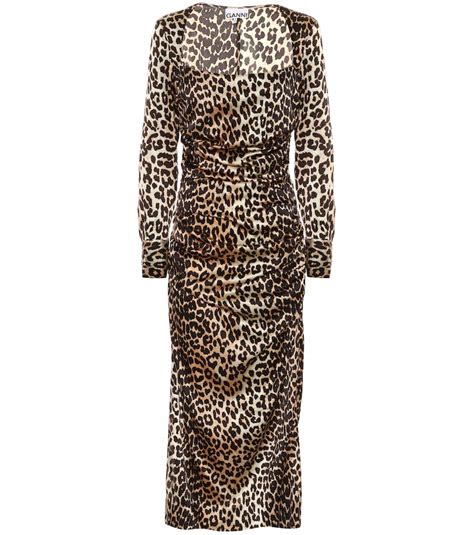 Leopard Print Stretch Silk Satin Midi Dress By Ganni Coshio Online Shop