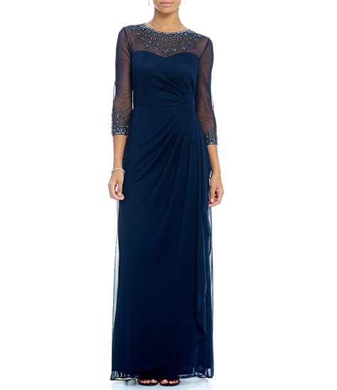 Alex Evenings Long Beaded Illusion Sweetheart Neck 3 4 Sleeve Ruched