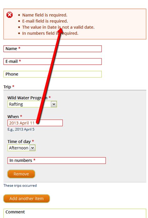no error message for date field using field validation with field