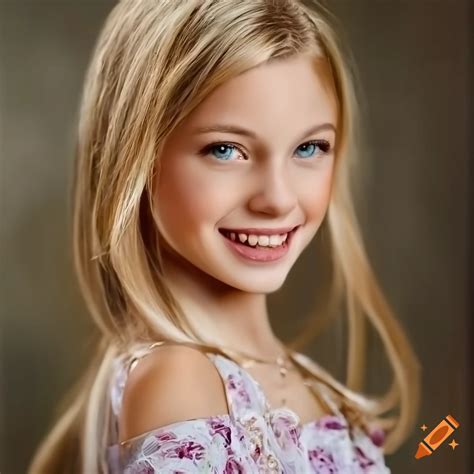 Photorealistic Portrait Of Beautiful Happy Girl Beautiful Long Blonde