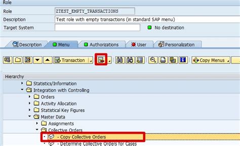 role with sap standard menu with blank transactions inconsistency