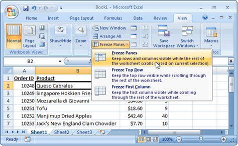 ms excel 2007 freeze first row and first column