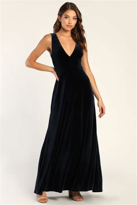 Navy Blue Maxi Dress Velvet Maxi Dress Plunge Dress Lulus