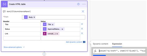 how to add hyperlink in the create html table power automate action