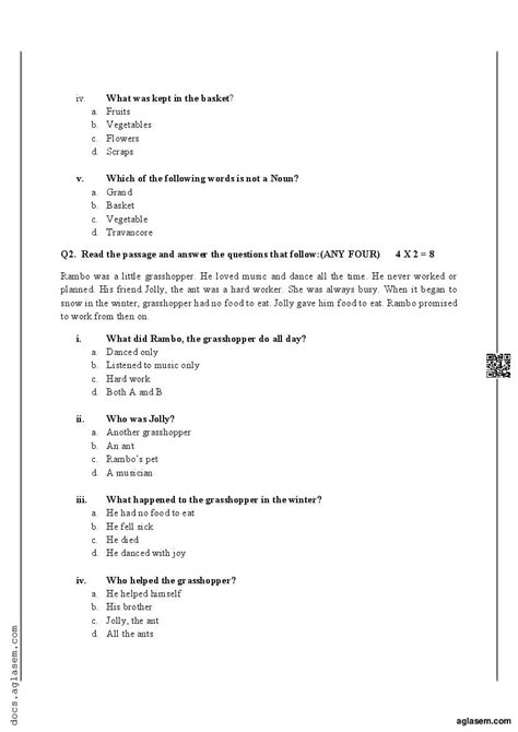 Class 6 English Mid Term Sample Paper 2024 Download Pt1 Term 1