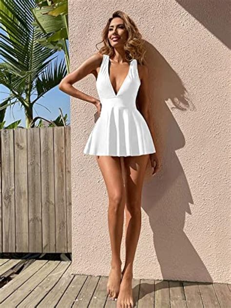 Sweatyrocks Womens V Neck One Piece Swimdress Backless Ruffle Swimsuit