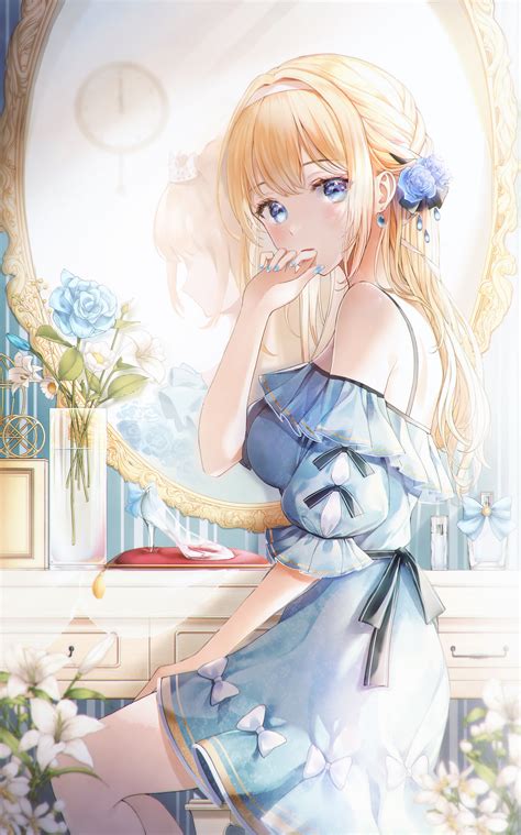 Blonde Blue Eyes Anime Anime Girls Mirror Reflection Flowers