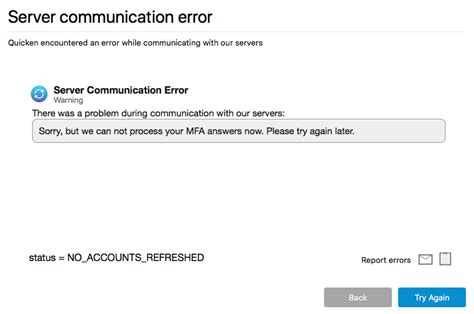 server communication error cannot process mfa answers — quicken