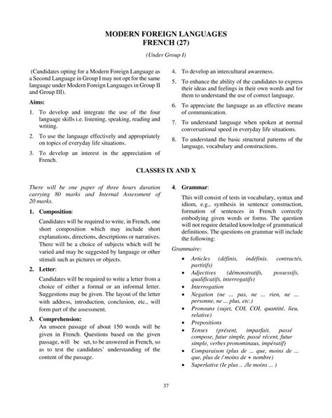 Icse Class 10 French Syllabus 2020