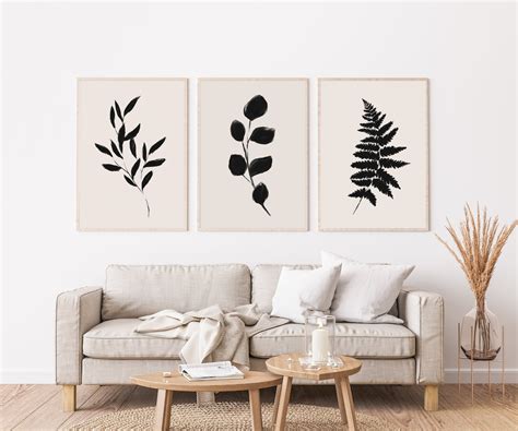 Set Of 3 Beige Black Wall Art Minimalist Flower Prints Etsy