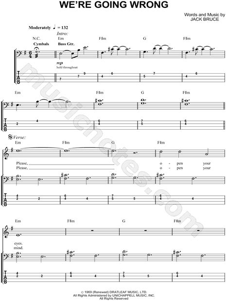 cream we re going wrong bass tab in e minor download and print sku