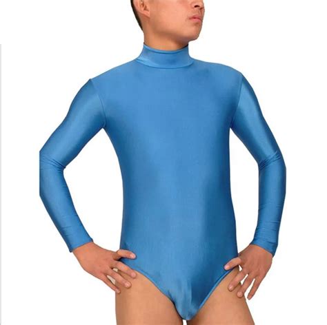 Adult Spandex Lycra Mock Neck Leotard Mens Long Sleeve Short Unitard