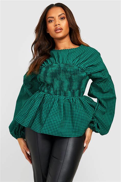 Green Plus Check Smock Peplum Top Boohoo Uk