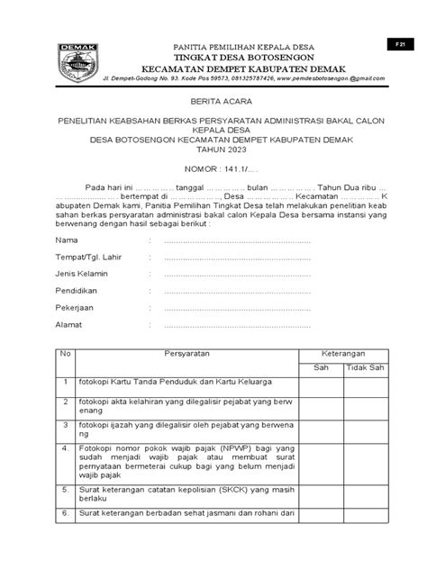 Format 21 Berita Acara Penelitian Keabsahan Berkas Persyaratan