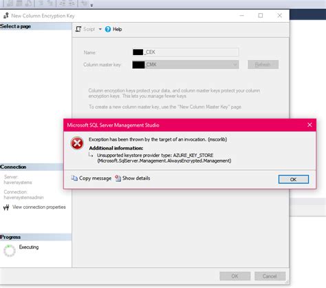 sql server unsupported keystore provider type azure key store in ssms