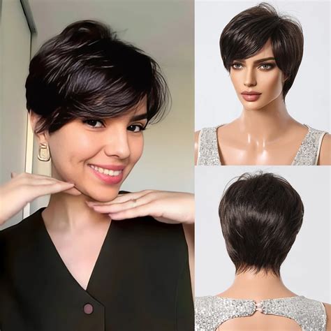 Short Pixie Cut Synthetic Wigs Black Brown Straight Layered Wig For