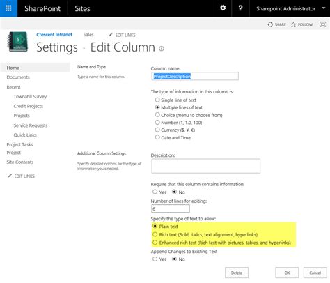 how to set multiple lines of text field type to rich text or enhanced