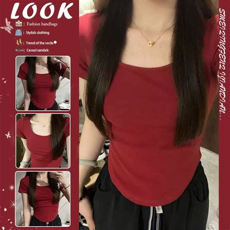Sexy Red Irregular Square Collar Shoulder Short Sleeved T Shirt Female