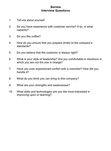 sample barista interview questions download printable pdf templateroller