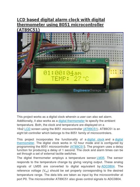 lcd based digital alarm clock with digital thermometer using 8051