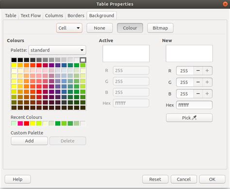 libreoffice writer how to set a custom background color for a table