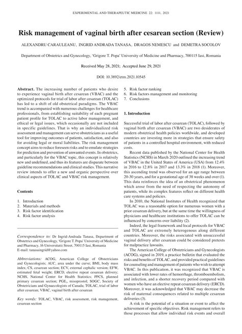 Pdf Risk Management Of Vaginal Birth After Cesarean Section Review