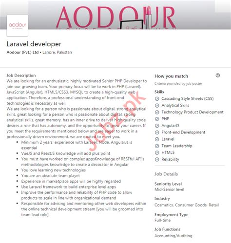 laravel developer jobs in aodour private limited 2022 job advertisement