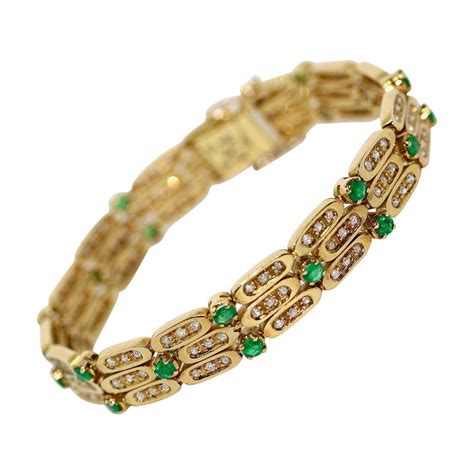 Ladies Gold Bracelet 18 Karat Gold Set With Diamonds And Emeralds For