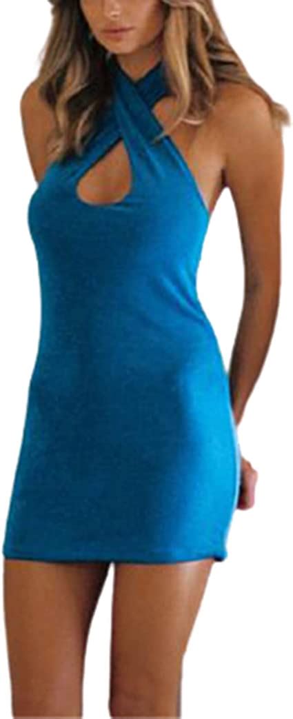 Womens Sexy Halter Criss Cross Hollow Out Backless Bodycon Mini Dress