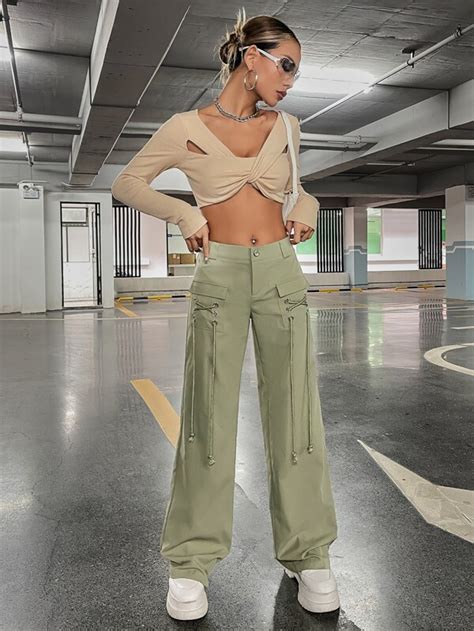 Shein Icon Gorpcore Low Rise Grommet Lace Up Flap Pocket Side Cargo