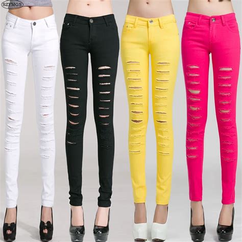 Szymgs New Fashion Girl Candy Pencil Pants Women Hole Leggings Trousers