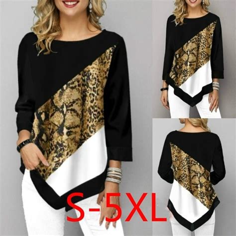 Womens Autumn Printed Stitching Long Sleeve T Shirt Ladies Casual Plus