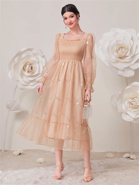 Shein Modely Contrast Sequin Frill Trim Flounce Sleeve Ruffle Hem Mesh