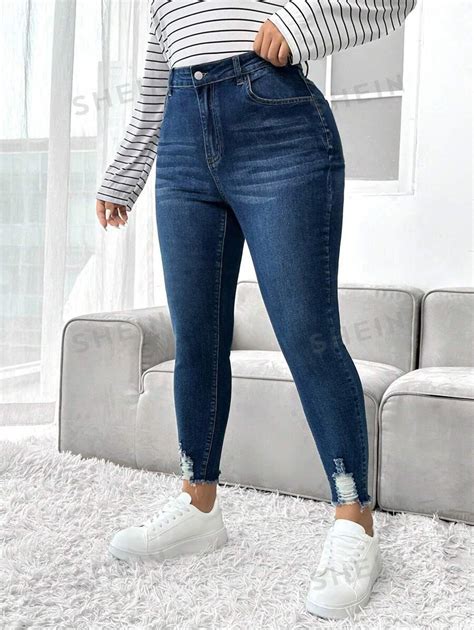 Shein Ezwear Plus Ripped Raw Edge Skinny Jeans Shein Usa