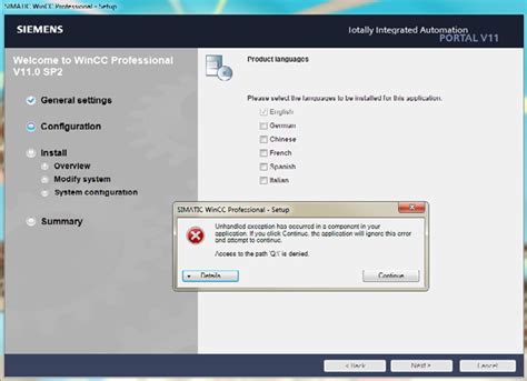 unhandled exception has occurred in a component of wincc