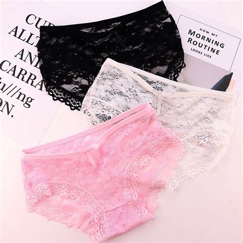 Floral Bow Low Waist Lingerie Girl Panties Full Lace Briefs Women