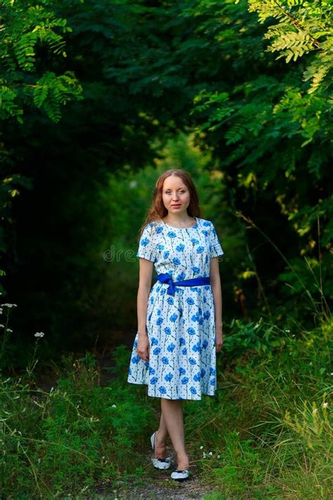 Beautiful Woman In Vintage Dress Beige Cute Girl In Long Dress Walking