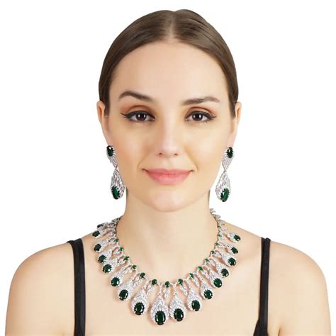 Buy Auraa Trends Rhodium Plated American Diamond Zircon Green Necklace