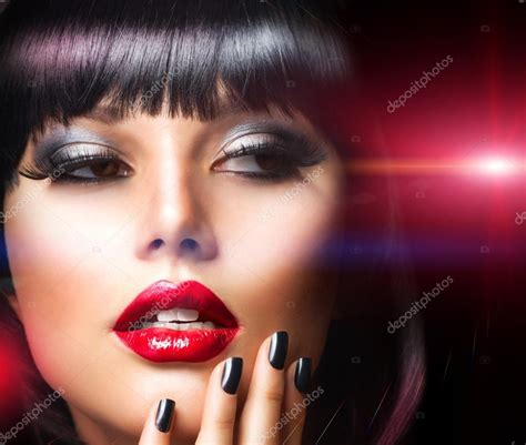 Beautiful Brunette Girl Portrait Face Makeup Sensual Red Lips