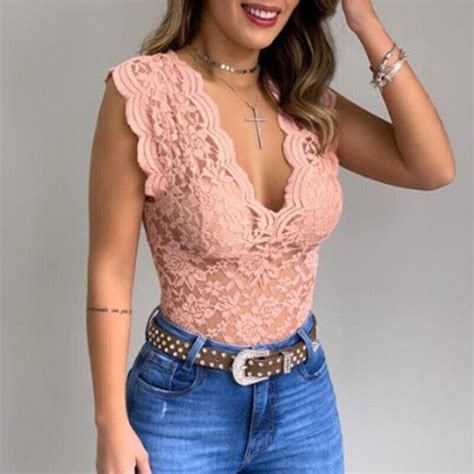Frauen Spitze V Ausschnitt Ärmellose Weste Slim Fit Leibchen Top Sexy