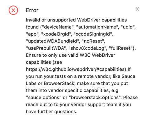 invalid or unsupported webdriver capabilities found support appium
