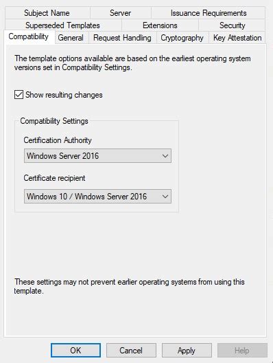 cannot select windows server 2016 ca compatible certificate templates