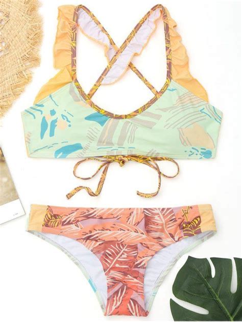 [9 Off] 2021 Ruffles Color Block Printed Bikini In Colormix Zaful