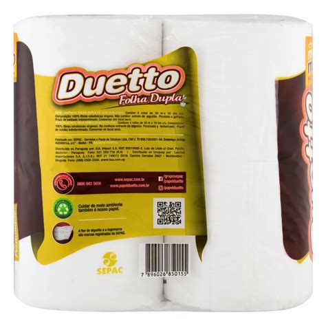 Papel Higiênico Duetto Folha Dupla Perfumado 30m Pacote 4 Un Loja Matriz