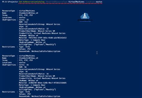 get the list azure reservation catalog with powershell and