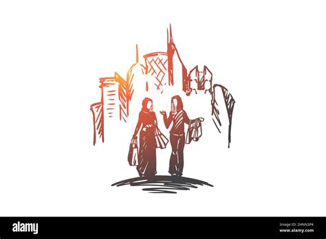 Shopping City Muslim Arab Hijab Concept Hand Drawn Muslim Women On
